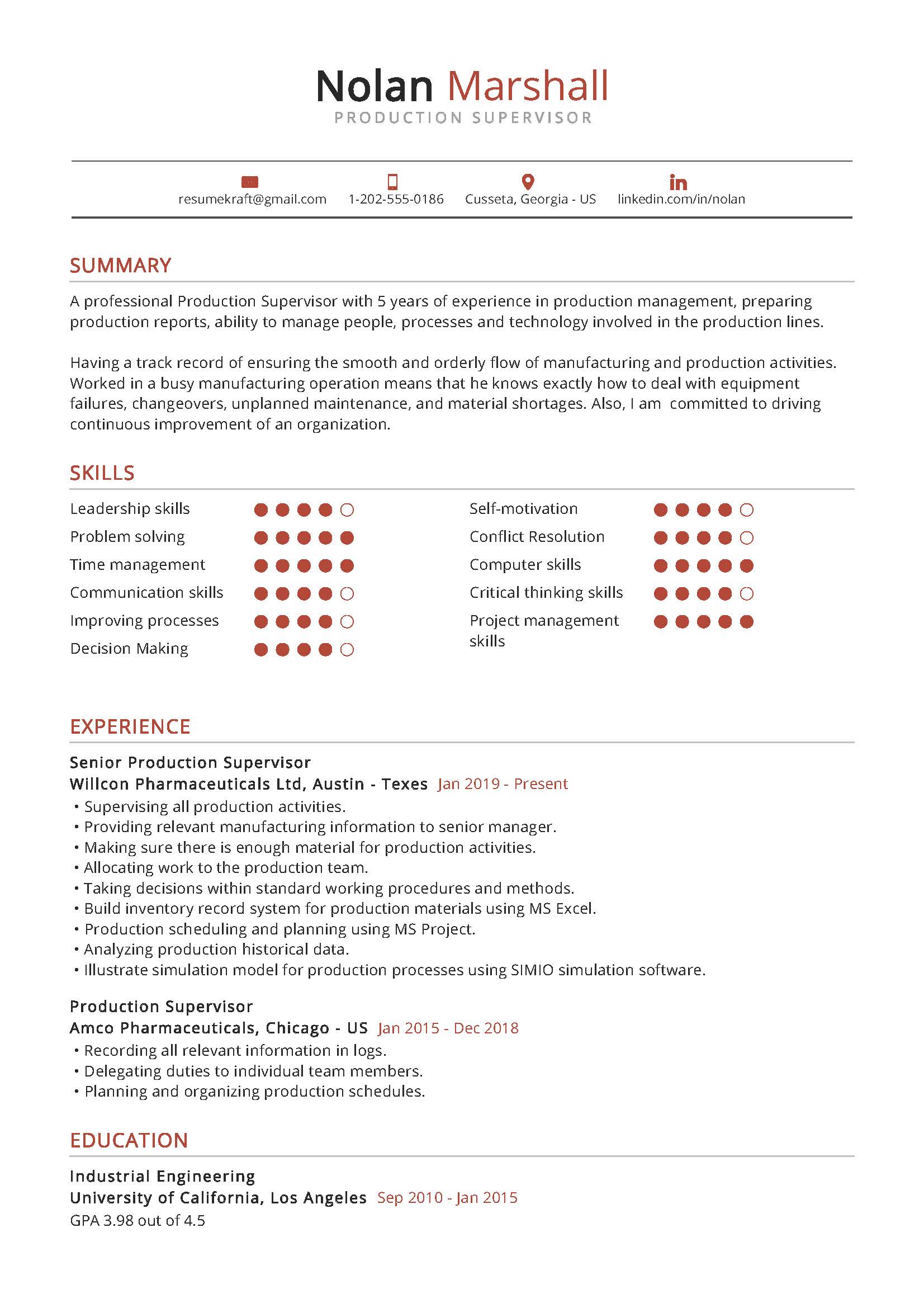 Production Supervisor Resume Example 2022 Writing Tips ResumeKraft 