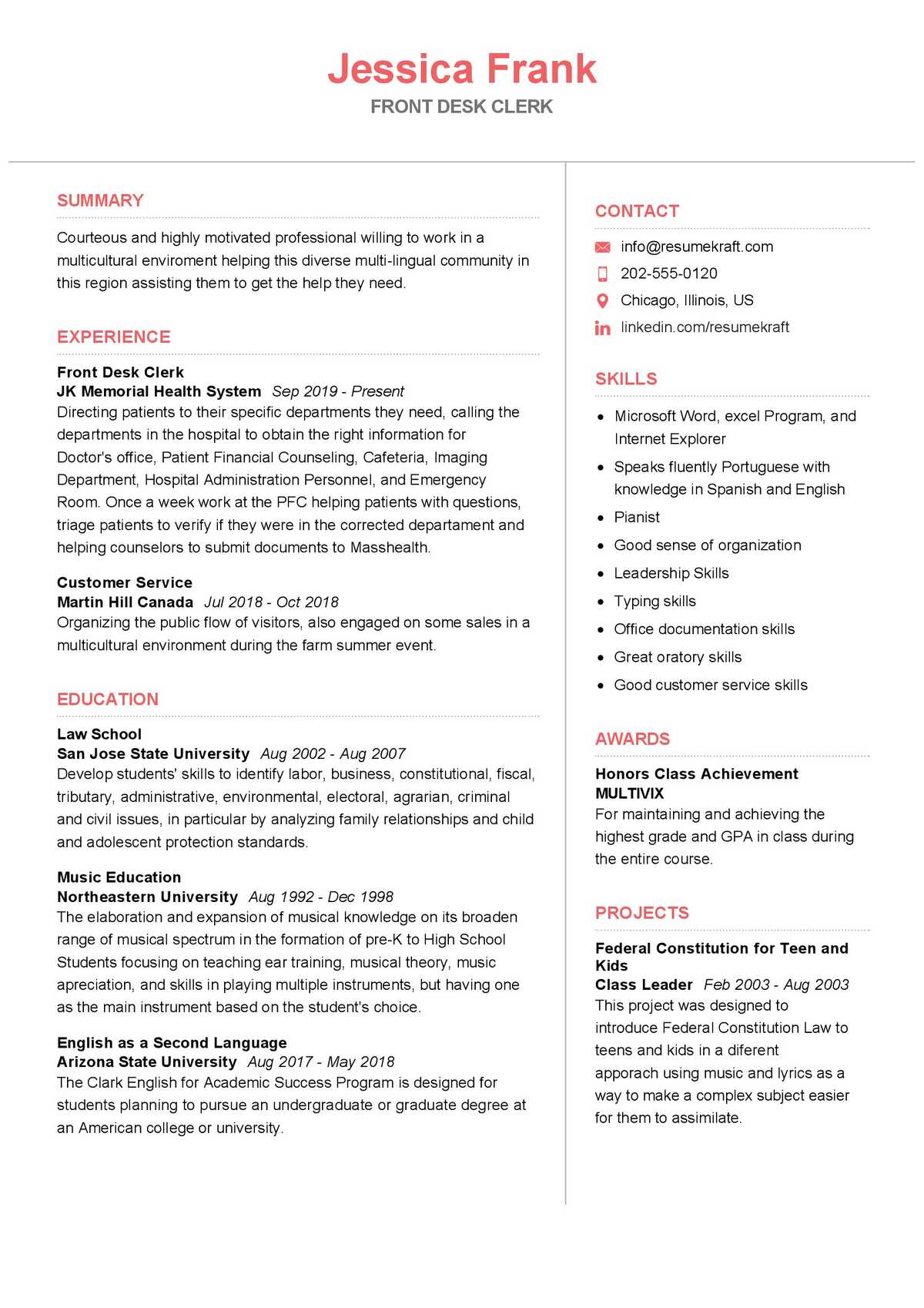 Front Desk Clerk Resume Sample In 2024 ResumeKraft