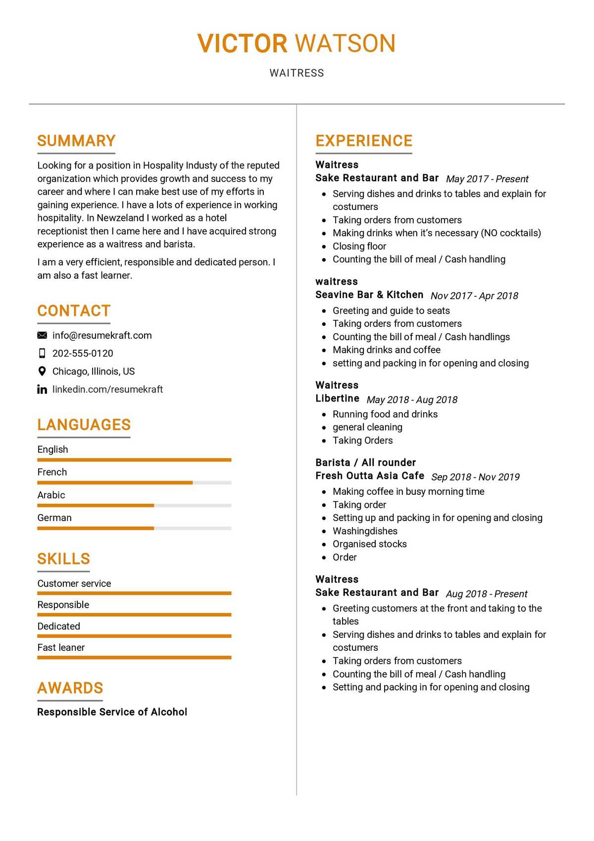 Waitress Resume Sample 2021 Writing Guide Tips ResumeKraft