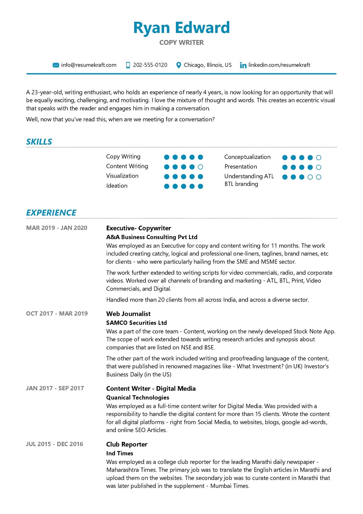 Copy Writer Resume Sample In 2024 ResumeKraft
