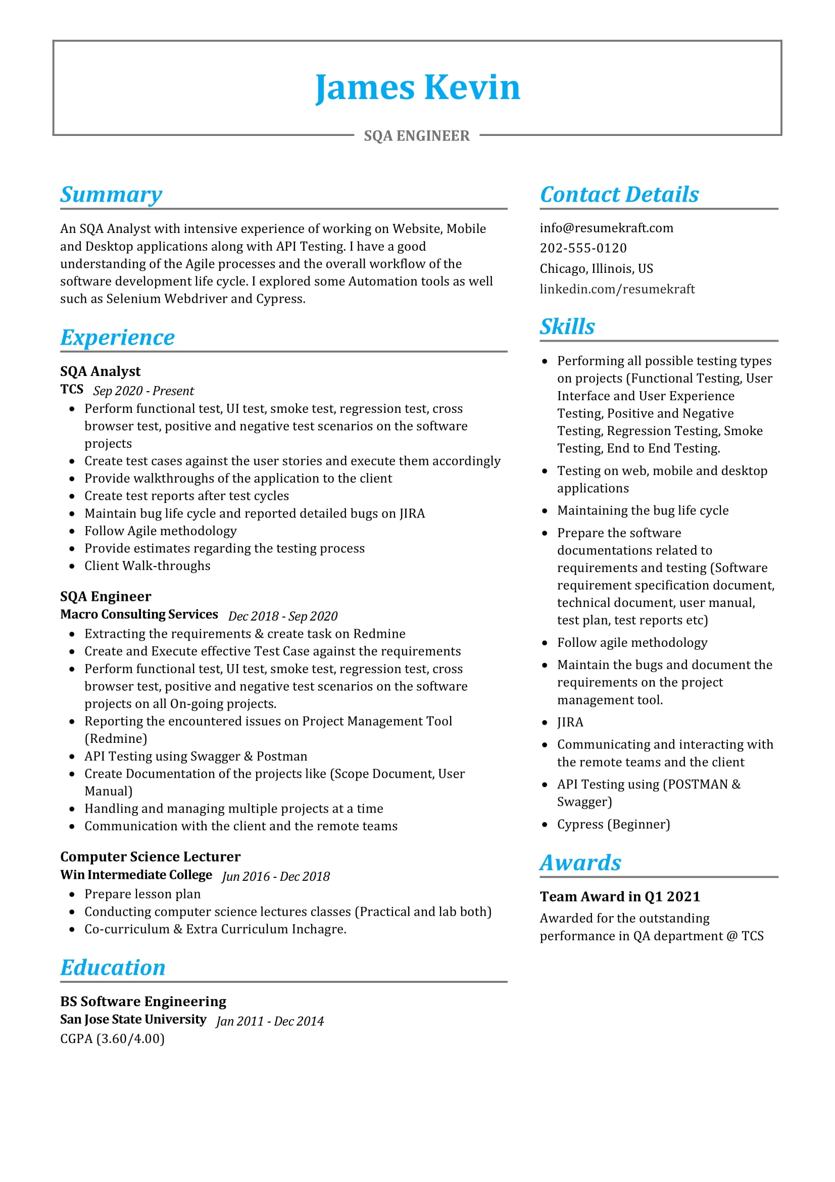 Sqa Engineer Resume Sample 2022 Writing Tips Resumekraft Download Api 