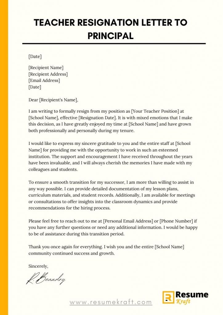 How To Write A Teacher Resignation Letter To Principal With Samples