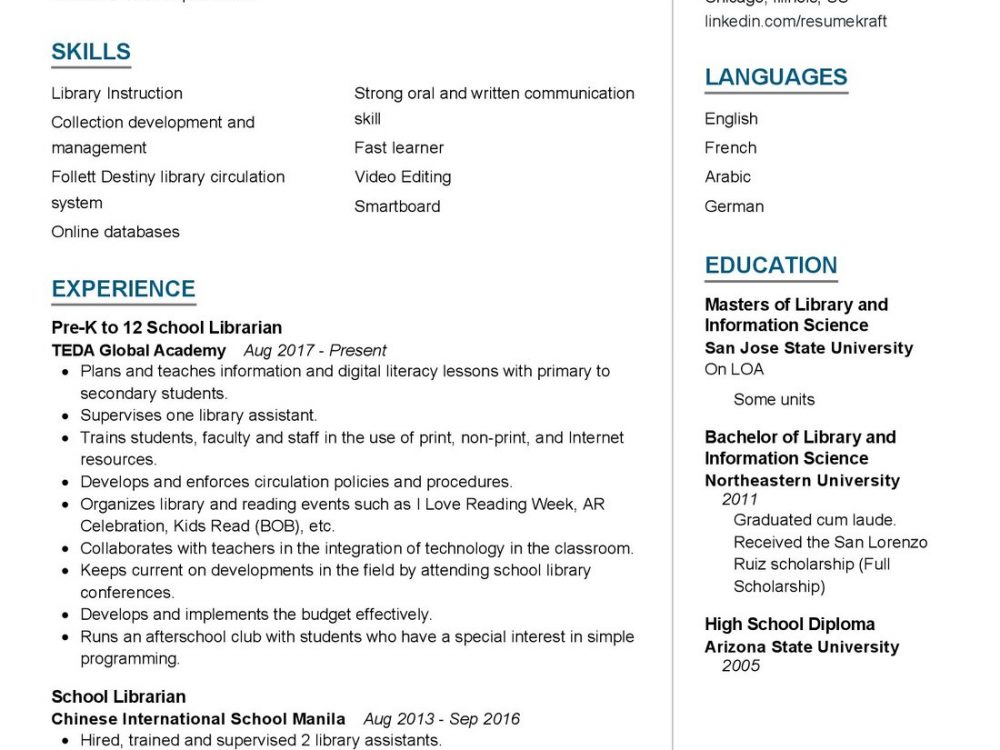 Registered Librarian Resume Sample in 2025 - ResumeKraft Registered Librarian Resume Sample in 2025 - ResumeKraft