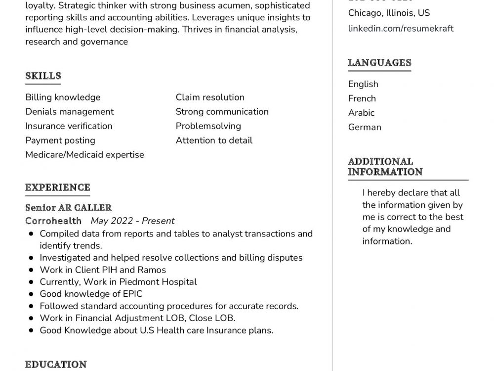 Senior AR Caller Resume Sample in 2025 - ResumeKraft Senior AR Caller Resume Sample in 2025 - ResumeKraft