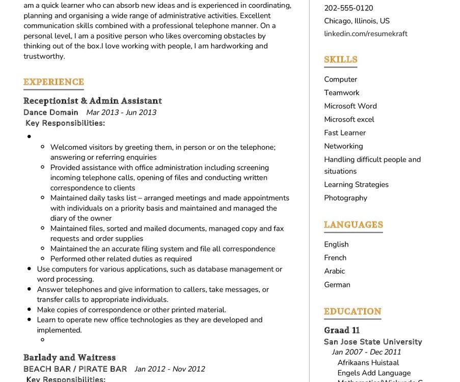 Admin Receptionist Cv Sample In 2025 - Resumekraft