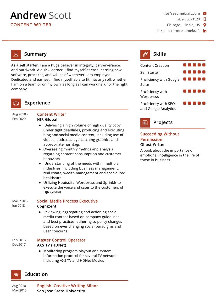 Content Writer CV Example In 2025 ResumeKraft