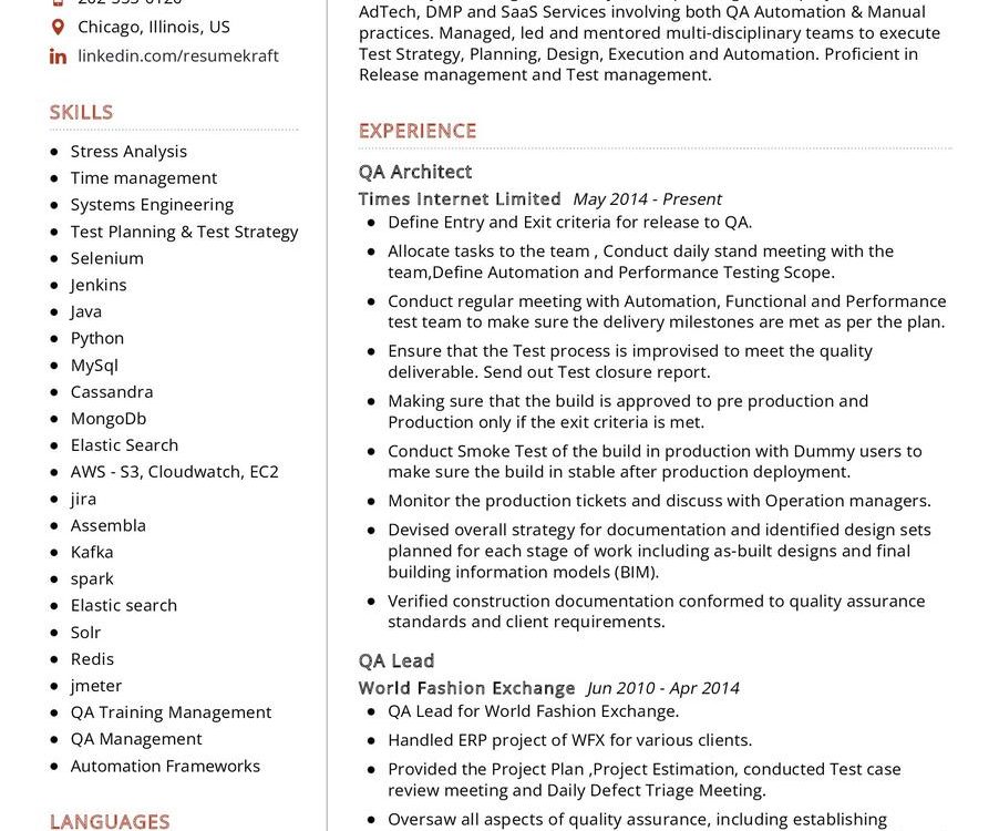 QA Architect CV Example in 2025 - ResumeKraft