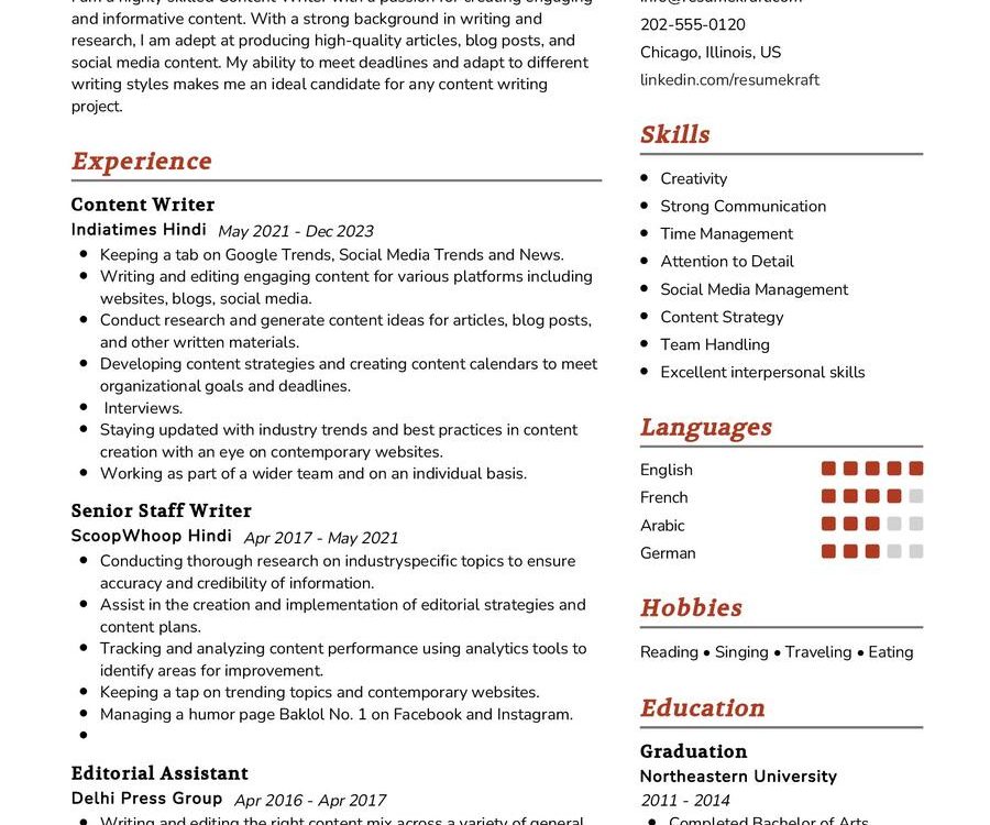 Content Writer CV Sample in 2025 - ResumeKraft Content Writer CV Sample in 2025 - ResumeKraft