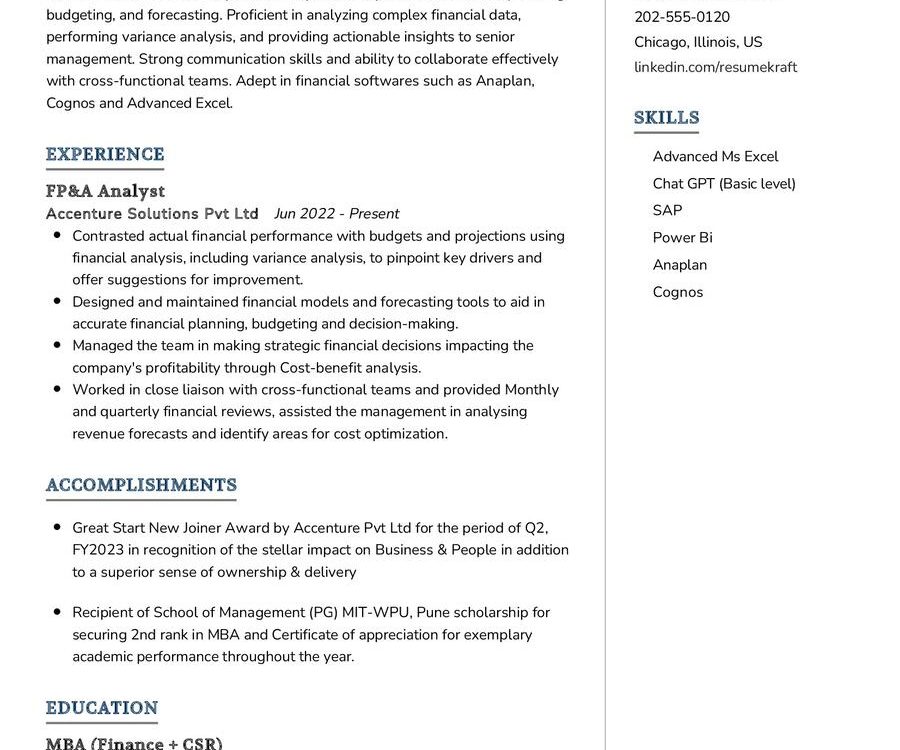 FP & A Analyst CV Example in 2025 - ResumeKraft FP & A Analyst CV Example in 2025 - ResumeKraft