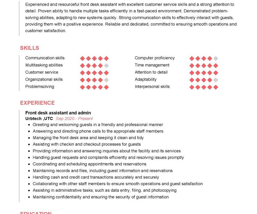 Front Desk Assistant CV Example in 2025 - ResumeKraft Front Desk Assistant CV Example in 2025 - ResumeKraft