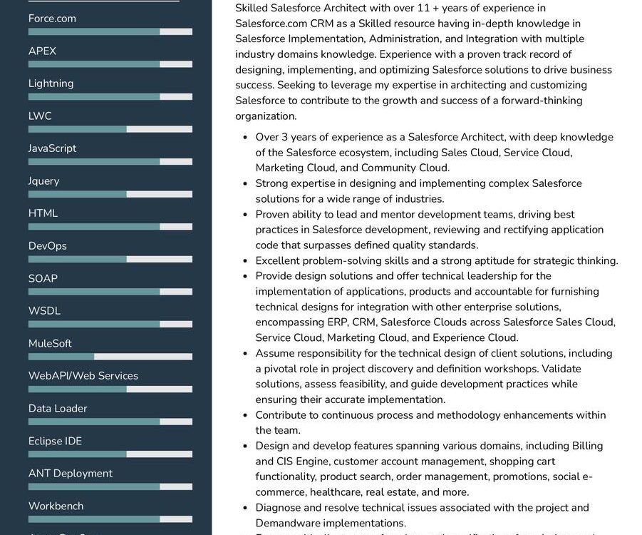 Salesforce Technical Architect CV Sample in 2025 - ResumeKraft Salesforce Technical Architect CV Sample in 2025 - ResumeKraft