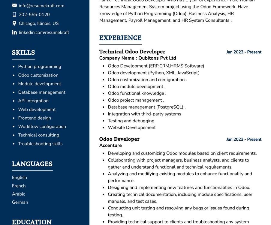 Technical Odoo Developer CV Sample in 2025 - ResumeKraft Technical Odoo Developer CV Sample in 2025 - ResumeKraft